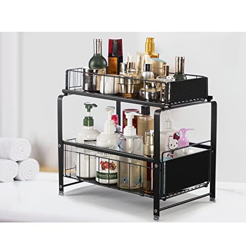 TeoKJ Pull-out Home Storage Organizer, 2-Tier Metal Under Cabinet Sliding Storage, Under Sink Organizer for Kitchen, Bathroom, Cabinet, Pantry, Countertop, Black