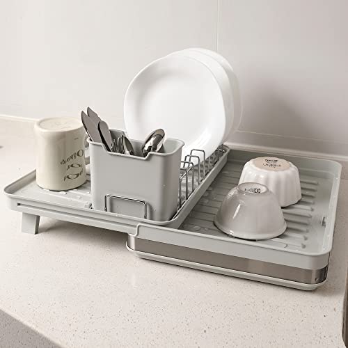 UBENKAKU Dish Drying Rack Dish Rack Stainless Steel Auto-Drain, Expandable Utensil Holder with Cup Holder for Kitchen Counter 14.2" L× 12" W× 3" H, Grey