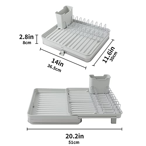 UBENKAKU Dish Drying Rack Dish Rack Stainless Steel Auto-Drain, Expandable Utensil Holder with Cup Holder for Kitchen Counter 14.2" L× 12" W× 3" H, Grey