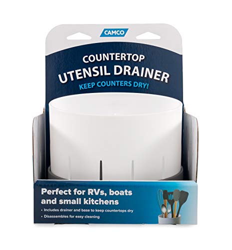 Camco 43513 Countertop Utensil Drainer - Perfect for Storing and Drying Eating Utensils, Sponges, Brushes and Soap - Includes A Perforated Drainer and Base to Keep Countertops Dry