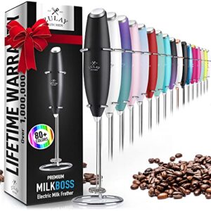 zulay original milk frother handheld foam maker for lattes – whisk drink mixer for coffee, mini foamer for cappuccino, frappe, matcha, hot chocolate by milk boss (black)