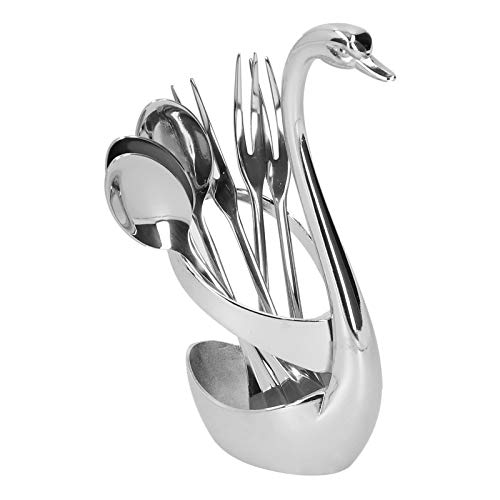 Stainless Steel Flatware Set Dessert Cutlery Set Includes Swan Tableware Storage Rack Base 3 Forks+3 Spoons Silver Flatware Set for Kitchen and Restaurant Silverware Modern Silver Holder