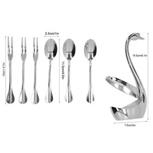 Stainless Steel Flatware Set Dessert Cutlery Set Includes Swan Tableware Storage Rack Base 3 Forks+3 Spoons Silver Flatware Set for Kitchen and Restaurant Silverware Modern Silver Holder