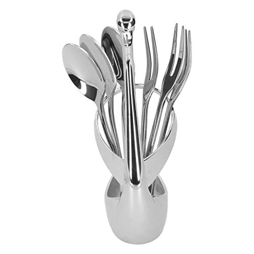 Stainless Steel Flatware Set Dessert Cutlery Set Includes Swan Tableware Storage Rack Base 3 Forks+3 Spoons Silver Flatware Set for Kitchen and Restaurant Silverware Modern Silver Holder