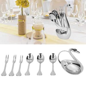 Stainless Steel Flatware Set Dessert Cutlery Set Includes Swan Tableware Storage Rack Base 3 Forks+3 Spoons Silver Flatware Set for Kitchen and Restaurant Silverware Modern Silver Holder