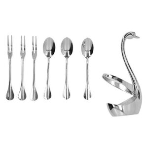 Stainless Steel Flatware Set Dessert Cutlery Set Includes Swan Tableware Storage Rack Base 3 Forks+3 Spoons Silver Flatware Set for Kitchen and Restaurant Silverware Modern Silver Holder