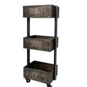 Rae Dunn 3 Tier Wheeled Organizer – Wood Caddy - Chic and Stylish Portable Wood Storage Bin for Office, Home or Kitchen