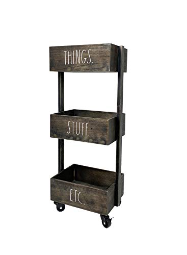 Rae Dunn 3 Tier Wheeled Organizer – Wood Caddy - Chic and Stylish Portable Wood Storage Bin for Office, Home or Kitchen