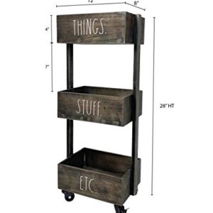 Rae Dunn 3 Tier Wheeled Organizer – Wood Caddy - Chic and Stylish Portable Wood Storage Bin for Office, Home or Kitchen