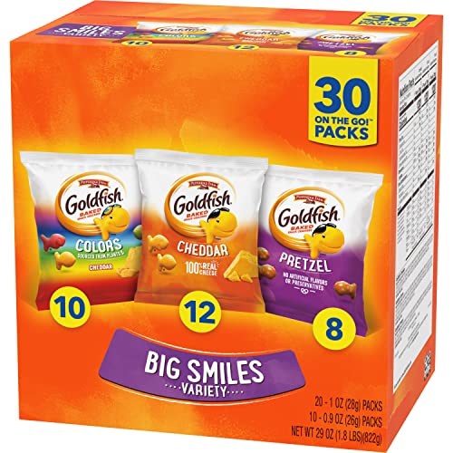 Goldfish Crackers Big Smiles Variety Pack with Cheddar, Colors, and Pretzels, Snack Packs, 30 Ct