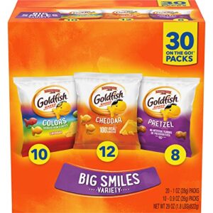 goldfish crackers big smiles variety pack with cheddar, colors, and pretzels, snack packs, 30 ct