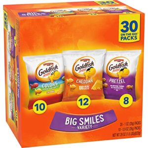 Goldfish Crackers Big Smiles Variety Pack with Cheddar, Colors, and Pretzels, Snack Packs, 30 Ct