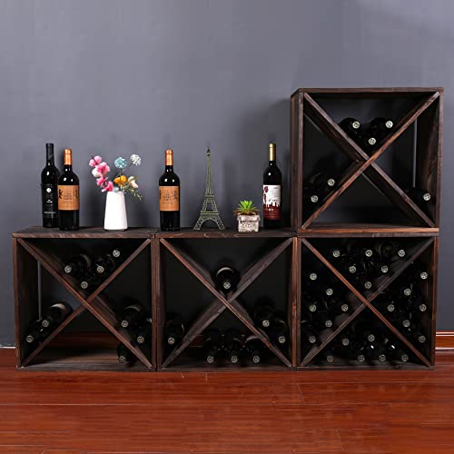 fdjamy Wine Rack countertop Wooden Stackable Storage Rustic Retro Style Cube 24-Bottle Wooden Wine Rack Wine Cabinet (Dark Brown)