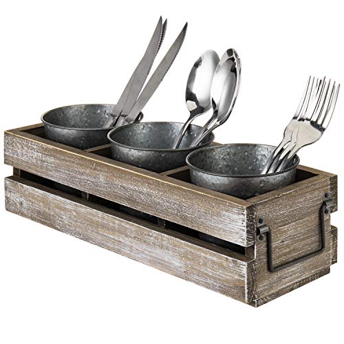 MyGift Rustic Brown Wood Utensil Holder with Handle and 3 Galvanized Metal Buckets, Kitchen Countertop Flatware Caddy