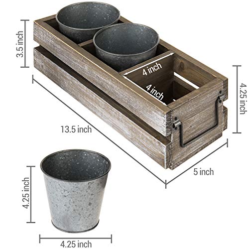 MyGift Rustic Brown Wood Utensil Holder with Handle and 3 Galvanized Metal Buckets, Kitchen Countertop Flatware Caddy