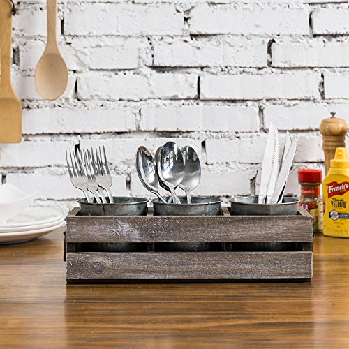 MyGift Rustic Brown Wood Utensil Holder with Handle and 3 Galvanized Metal Buckets, Kitchen Countertop Flatware Caddy