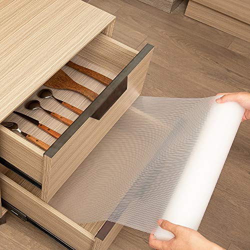 SinhRinh Drawer and Shelf Liner, 12IN x 20FT Non Slip Non Adhesive Cabinet Liner for Kitchen and Desk - Clear Ribbed