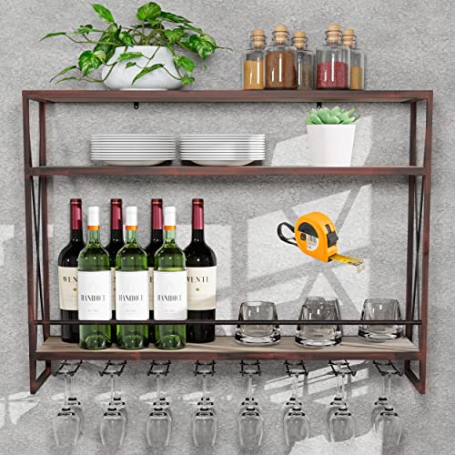 GWH Industrial Wine Rack Wall Mounted - (3 Tier - 31.5in - Black Brush Red Coper), Easy to Install , Hanging Wine Rack, 100% Pine Solid Wood, Galvanized Steel