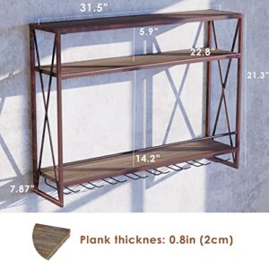 GWH Industrial Wine Rack Wall Mounted - (3 Tier - 31.5in - Black Brush Red Coper), Easy to Install , Hanging Wine Rack, 100% Pine Solid Wood, Galvanized Steel