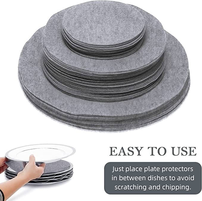 100 pcs set of Plate Protectors, and 4 Different Size, Plate Separators Pads China Storage Dividers Protectors Dish Protectors Pads for Protecting and Stacking Your Cookware. washing instructions.