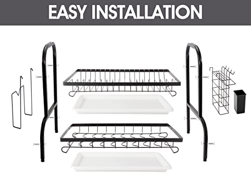 Supercenter Dish Drying Rack,2 Tier Dish Racks for Kitchen Counter with Drainboard,Rust-Resistant Drying Rack with Cutting Board Holder,Black