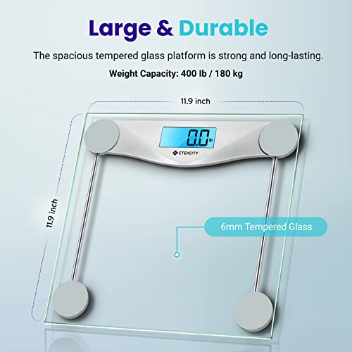 Etekcity Bathroom Scale for Body Weight, Digital Weighing Machine for People, Accurate & Large LCD Backlight Display, 6mm Tempered Glass, 400 lbs