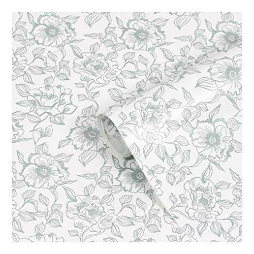 MC Eggshell Blue-Green Floral Rose Motif Self-Adhesive Vinyl Contact Paper for Shelf Liner, Drawer Liner and Arts and Crafts Projects 18 in x 9 ft