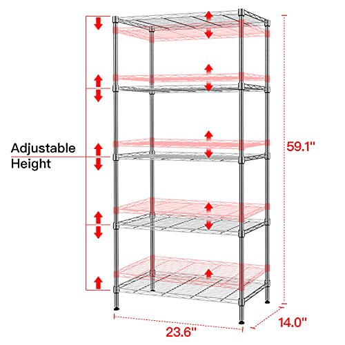 SINGAYE 5 Tier Adjustable Storage Shelf Metal Storage Rack Wire Shelving Unit Storage Shelves Metal 660Lbs Capacity 23.6" L x 14" W x 59.1" H for Pantry Closet Kitchen Laundry Silver