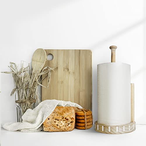 Karisky Paper Towel Holder Countertop, Wood Farmhouse Standing Paper Towel Holder with Non-Slip Base, One Hand Operation Roll Dispenser for Kitchen Organization and Storage