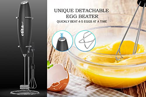 ElitaPro ULTRA-HIGH-SPEED 19,000 RPM, Milk Frother DOUBLE WHISK, Unique Detachable EGG BEATER and STAND For quick preparation (Black)