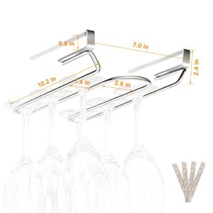 Tiilan Stemware Rack, Hanging Wine Glass Holder - Tool-Free, Stainless Steel, 2 Rows Under Cabinet Organizer for Kitchen, Bar, Pub - Silver, Pack of 2