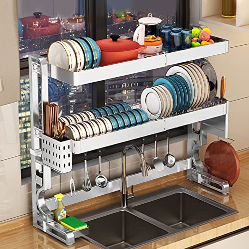 wercome 2023 Free Installation Over The Sink Dish Drying Rack Adjustable 3-Tier Full Stainless Steel Dish Drainer Shelf Rack Collapsible Large Kitchen Counter Storage Dish Rack (Silver)