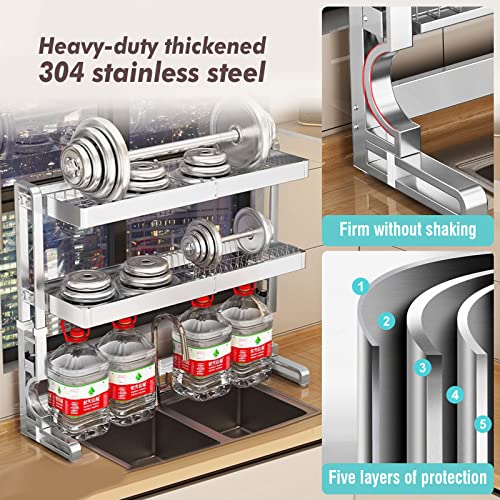 wercome 2023 Free Installation Over The Sink Dish Drying Rack Adjustable 3-Tier Full Stainless Steel Dish Drainer Shelf Rack Collapsible Large Kitchen Counter Storage Dish Rack (Silver)