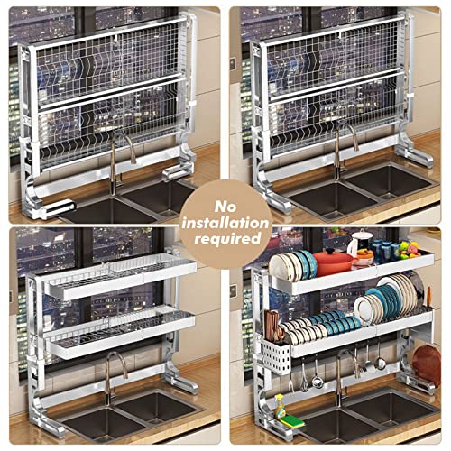 wercome 2023 Free Installation Over The Sink Dish Drying Rack Adjustable 3-Tier Full Stainless Steel Dish Drainer Shelf Rack Collapsible Large Kitchen Counter Storage Dish Rack (Silver)