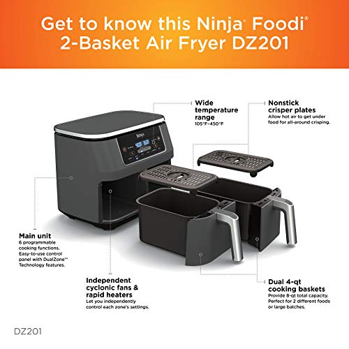 Ninja DZ201 Foodi 8 Quart 6-in-1 DualZone 2-Basket Air Fryer with 2 Independent Frying Baskets, Match Cook & Smart Finish to Roast, Broil, Dehydrate & More for Quick, Easy Meals, Grey