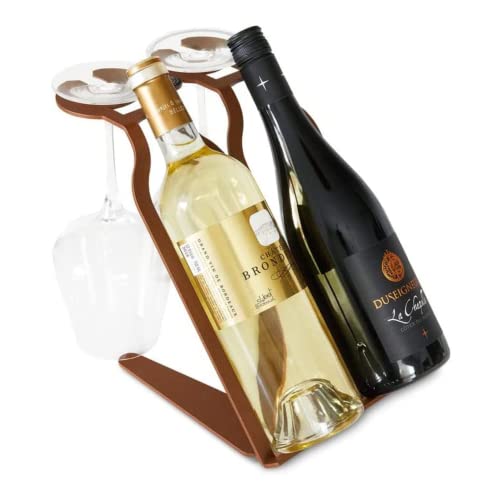 di prima usa Countertop Wine Rack Metal Wine Rack for Table – Small Wine Rack for Tabletop Décor – Wine Rack Holder for 2 Glasses & 2 Bottles - Corten/Chestnut