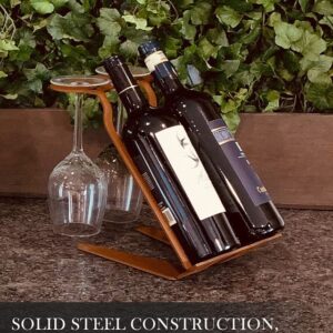 di prima usa Countertop Wine Rack Metal Wine Rack for Table – Small Wine Rack for Tabletop Décor – Wine Rack Holder for 2 Glasses & 2 Bottles - Corten/Chestnut