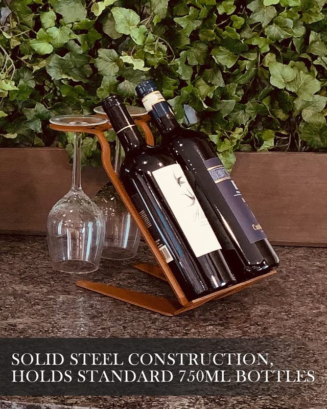 di prima usa Countertop Wine Rack Metal Wine Rack for Table – Small Wine Rack for Tabletop Décor – Wine Rack Holder for 2 Glasses & 2 Bottles - Corten/Chestnut