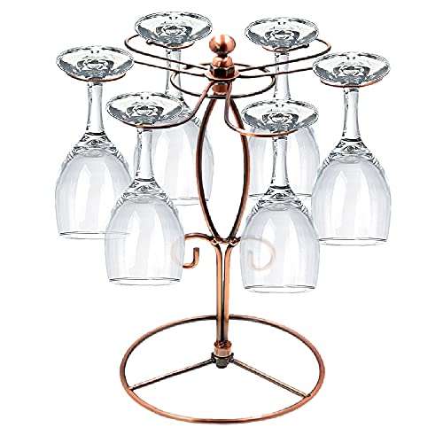 Sunnyac Scrollwork Wine Glass Rack, Elegant Freestanding Countertop Glasses Holder with 6 Hooks, Metal Stemware Storage Accessories and Wine Cup Drying Stand for Home Bar Tabletop Display (Bronze 4)