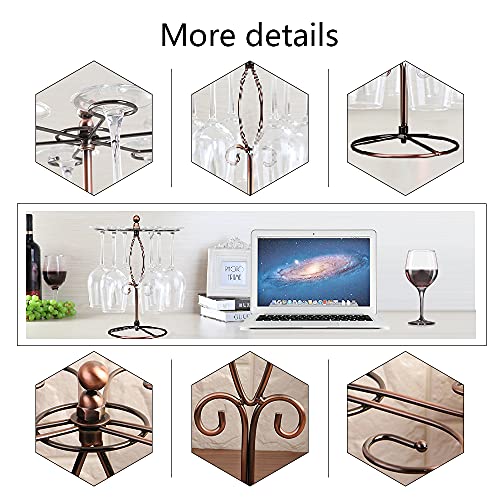 Sunnyac Scrollwork Wine Glass Rack, Elegant Freestanding Countertop Glasses Holder with 6 Hooks, Metal Stemware Storage Accessories and Wine Cup Drying Stand for Home Bar Tabletop Display (Bronze 4)