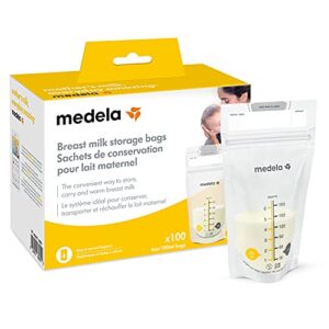 medela breast milk storage bags, 100 count, ready to use breastmilk bags for breastfeeding, self standing bag, space saving flat profile, hygienically pre-sealed, 6 ounce