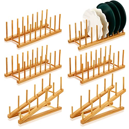 6 Pcs Bamboo Dish Rack 8 Slots Wooden Plates Rack Drying Organizer for Cabinet Classroom Book Organize Pot Lid Holder Bowl Cup Cutting Board Wood Display Stand for Kitchen Cabinet Storage Organizer