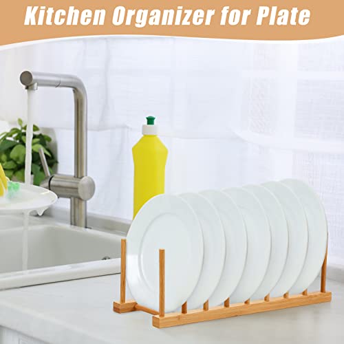 6 Pcs Bamboo Dish Rack 8 Slots Wooden Plates Rack Drying Organizer for Cabinet Classroom Book Organize Pot Lid Holder Bowl Cup Cutting Board Wood Display Stand for Kitchen Cabinet Storage Organizer