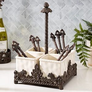 Cream Ceramic Flatware Caddy With Acanthus Leaf Metal Holder