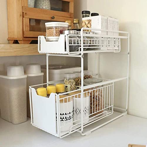 Warmiehomy Under Sink Organizers and Storage,2 Tier Sliding Metal Drawer Seasoning Shelf Storage,Pull Out Cabinets Organizer Shelf for Kitchen/Pantry/Bathroom/Office (White) (37.4×26.5×44cm