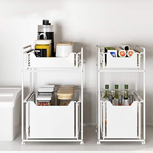 Warmiehomy Under Sink Organizers and Storage,2 Tier Sliding Metal Drawer Seasoning Shelf Storage,Pull Out Cabinets Organizer Shelf for Kitchen/Pantry/Bathroom/Office (White) (37.4×26.5×44cm