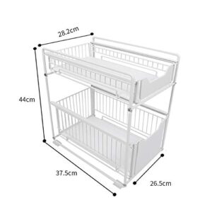 Warmiehomy Under Sink Organizers and Storage,2 Tier Sliding Metal Drawer Seasoning Shelf Storage,Pull Out Cabinets Organizer Shelf for Kitchen/Pantry/Bathroom/Office (White) (37.4×26.5×44cm