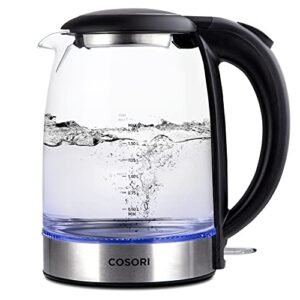 cosori electric kettle with stainless steel filter and inner lid, 1500w wide opening 1.7l glass tea kettle & hot water boiler, led indicator auto shut-off & boil-dry protection, bpa free, matte black