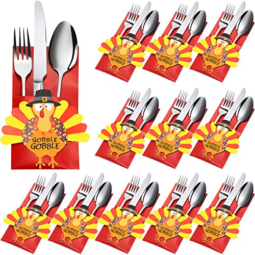 20 Pieces Thanksgiving Cutlery Holders Gobble Silverware Paper Pocket Pouch Turkey Tableware for Thanksgiving Party Craft Dinner Table Decorations Gift Boutique