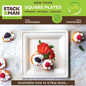 100% Compostable 9 Inch Paper Plates [125-Pack] Heavy-Dut, Natural Disposable Bagasse Plate, Eco-Friendly Made of Sugarcane Fibers - Natural Unbleached Brown 9" Biodegradable Plate by Stack Man